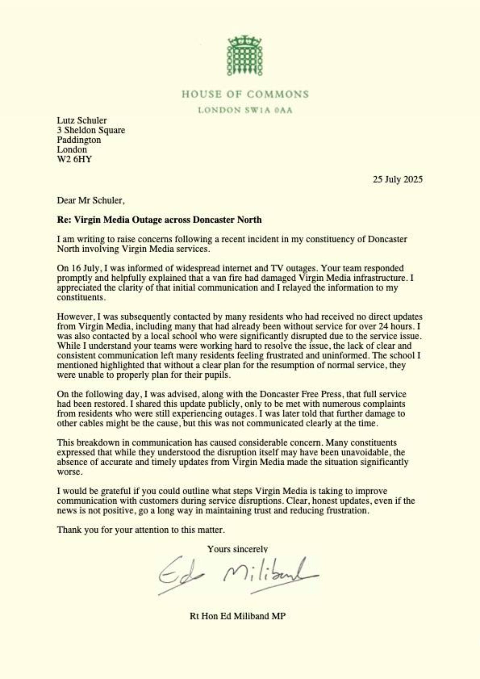 Letter to Virgin Media - Ed Miliband